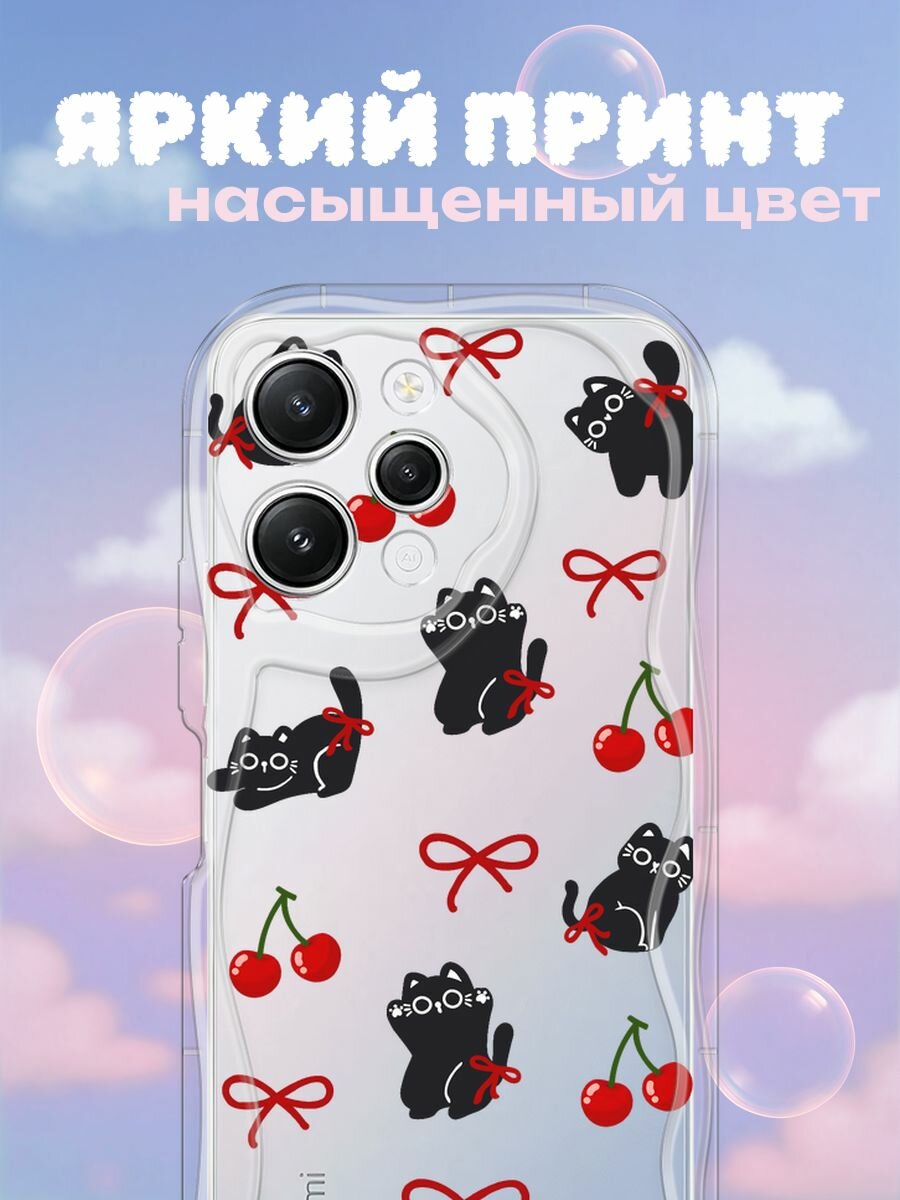 Чехол на Xiaomi Redmi 12 / Редми 12 с принтом "Котик, вишня и бантики" — фото 1