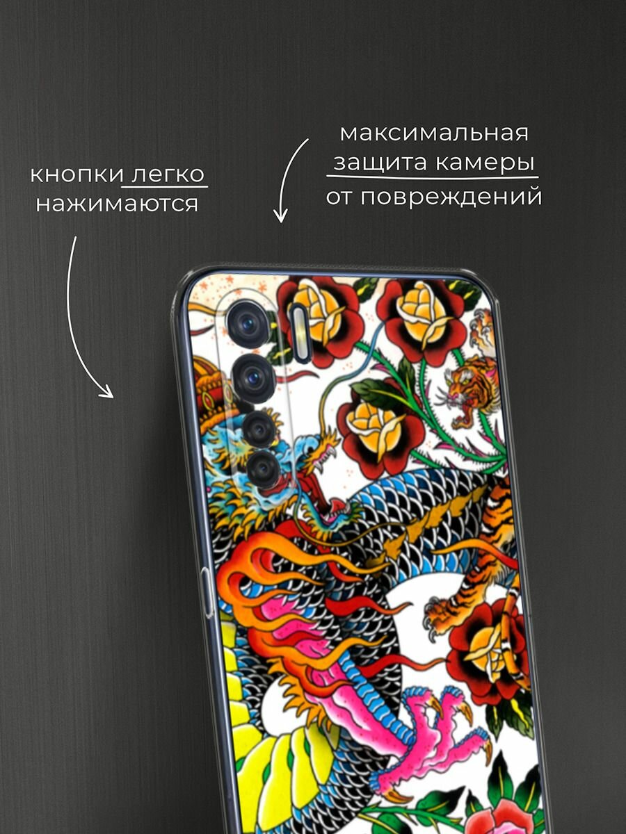 Чехол на Oppo A91/Reno 3 / Оппо A91/Рено 3 с принтом "Дракон в цветах" — фото 1