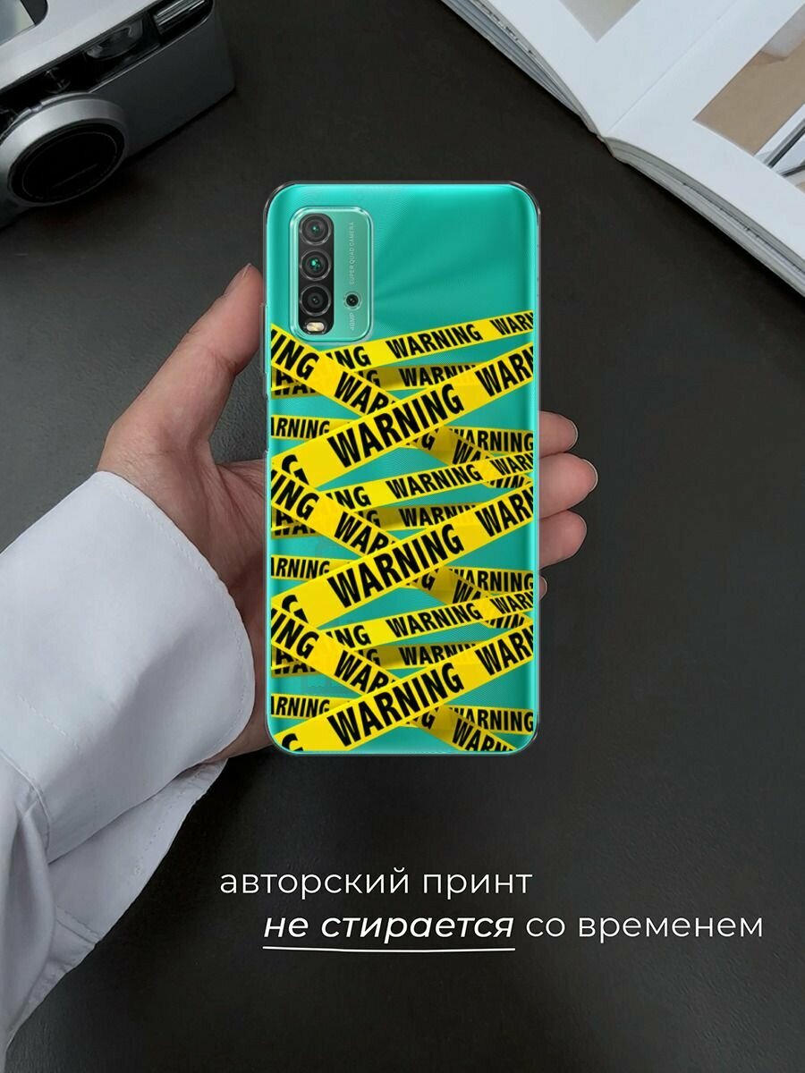 Чехол на Xiaomi Redmi 9T / Сяоми Редми 9Т с принтом "Warning!", прозрачный — фото 1