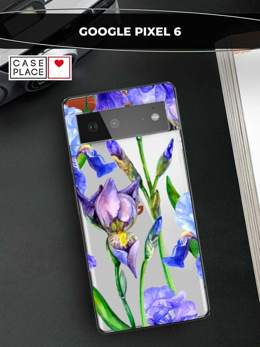 Чехол на Google Pixel 6 / Гугл Пиксель 6 с принтом "Синие ирисы", прозрачный