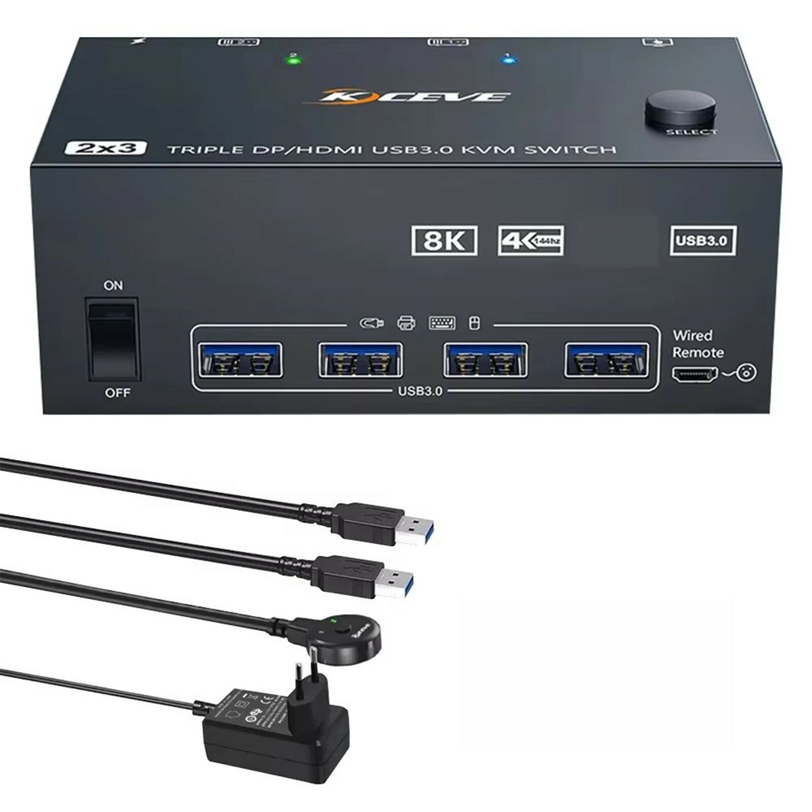 KCEVE KC-KVM203HHD KVM Switch Black для 2 компьютеров и 3 мониторов с 2 портами HDMI, 1 портом DisplayPort, поддержка 4K@144Hz, 8K@60Hz, USB 3.0, проводной контроллер, DP 1.4, HDMI 2.1, HDCP 2.3, размеры 120x64x45 мм, вес 300 г