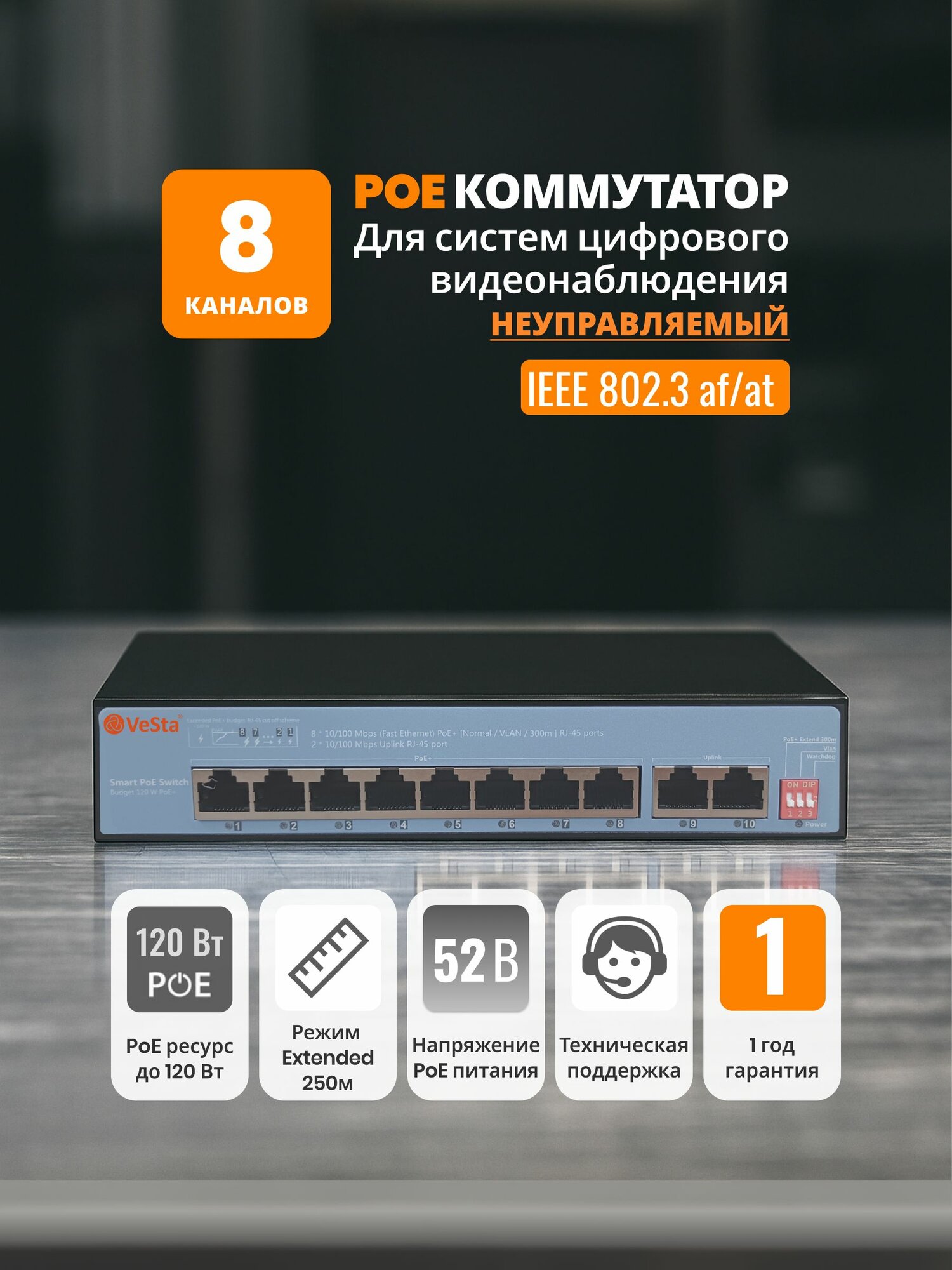 POE коммутатор 8 портов