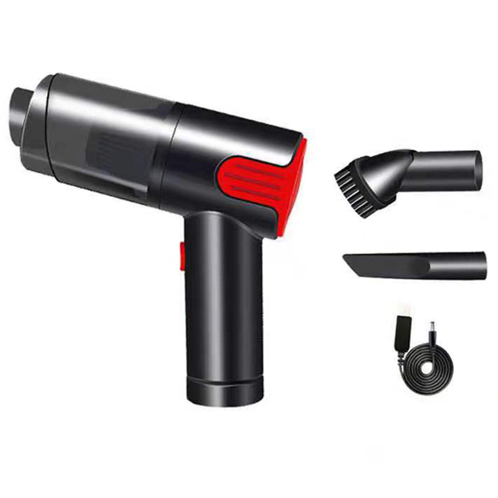 Ручной мини-пылесос сухой мокрый 9000Pa, беспроводной или проводной, красный или серебристый, материал ABS, мощность 120W, напряжение 8.4V, ёмкость 200ml, батарея 5000mAh (беспроводной), время работы 40мин, время заряда 3-4ч, размер 165*140мм, вес