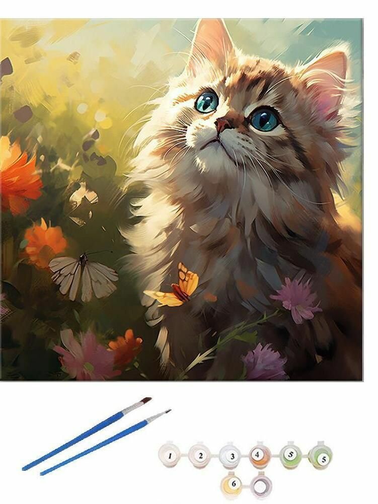 DIY Картина по номерам Кошечка купается 20х20/без рамки/Набор для цифровой живописи