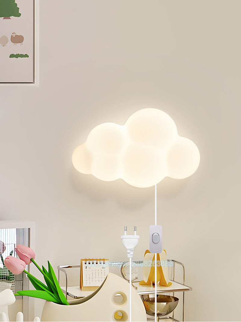 Креативный мультяшный облачный настенный светильник с вилкой и выключателем для детской спальни, прикроватный декор для дома в помещении, светодиодное бра для освещения гостиной, балкона, прихожей