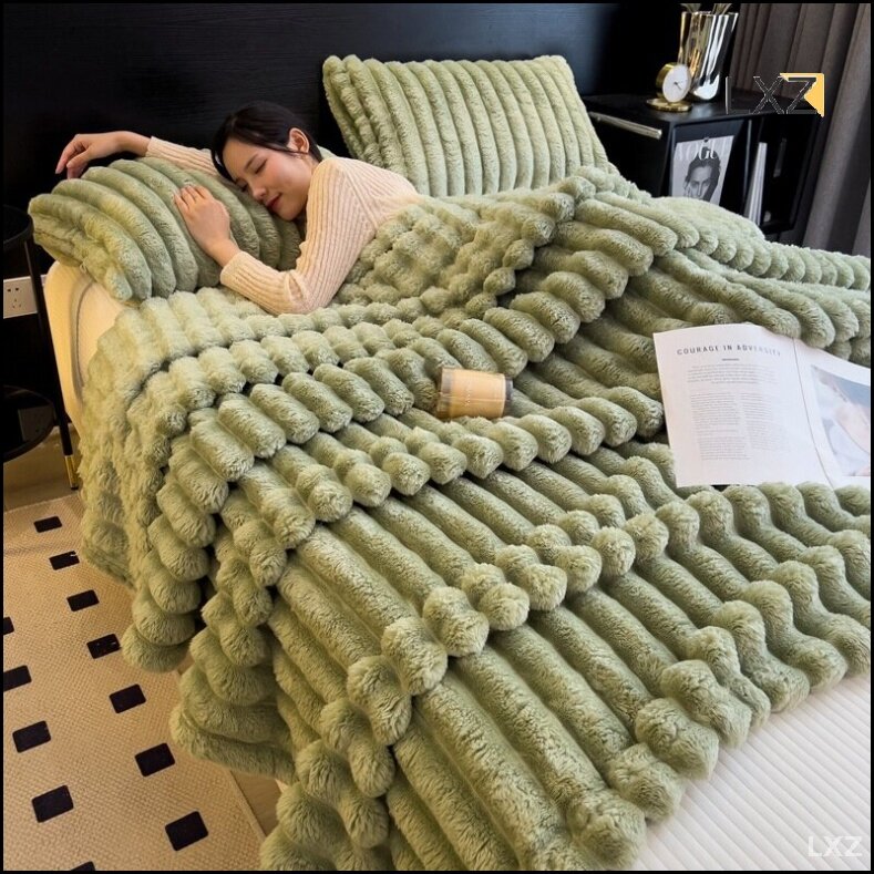 Эксклюзивное флисовое одеяло 180x200 см с кроличьим мехом в стиле Зеленый чай