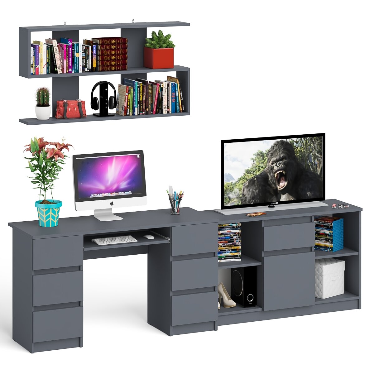 Стол письменный двухтумбовый Мори МС-2 с навесной полкой и тумбой под ТВ, графит, 255,8х50х209,6 см.