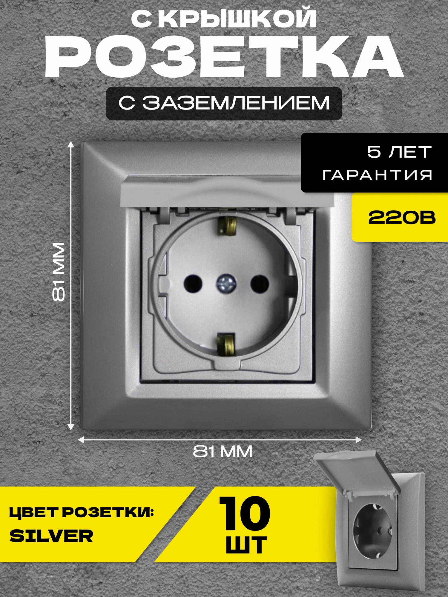 Розетка одинарная с заземлением с крышкой серебристая Metronex-Electric Roma Silver -10 шт