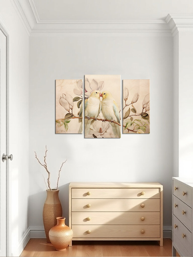 Картина модульная 100х70 см на натуральном холсте для интерьера/ Влюбленные попугайчики, Diva Kartina