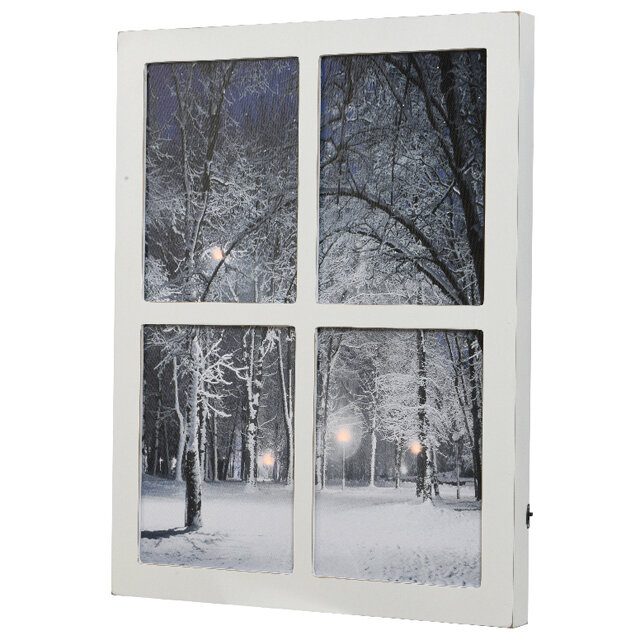 Светящаяся картина на дереве Окошко в Морозный Парк 37*50 см с оптоволоконной и LED подсветкой, на батарейках, Kaemingk, 483100-1