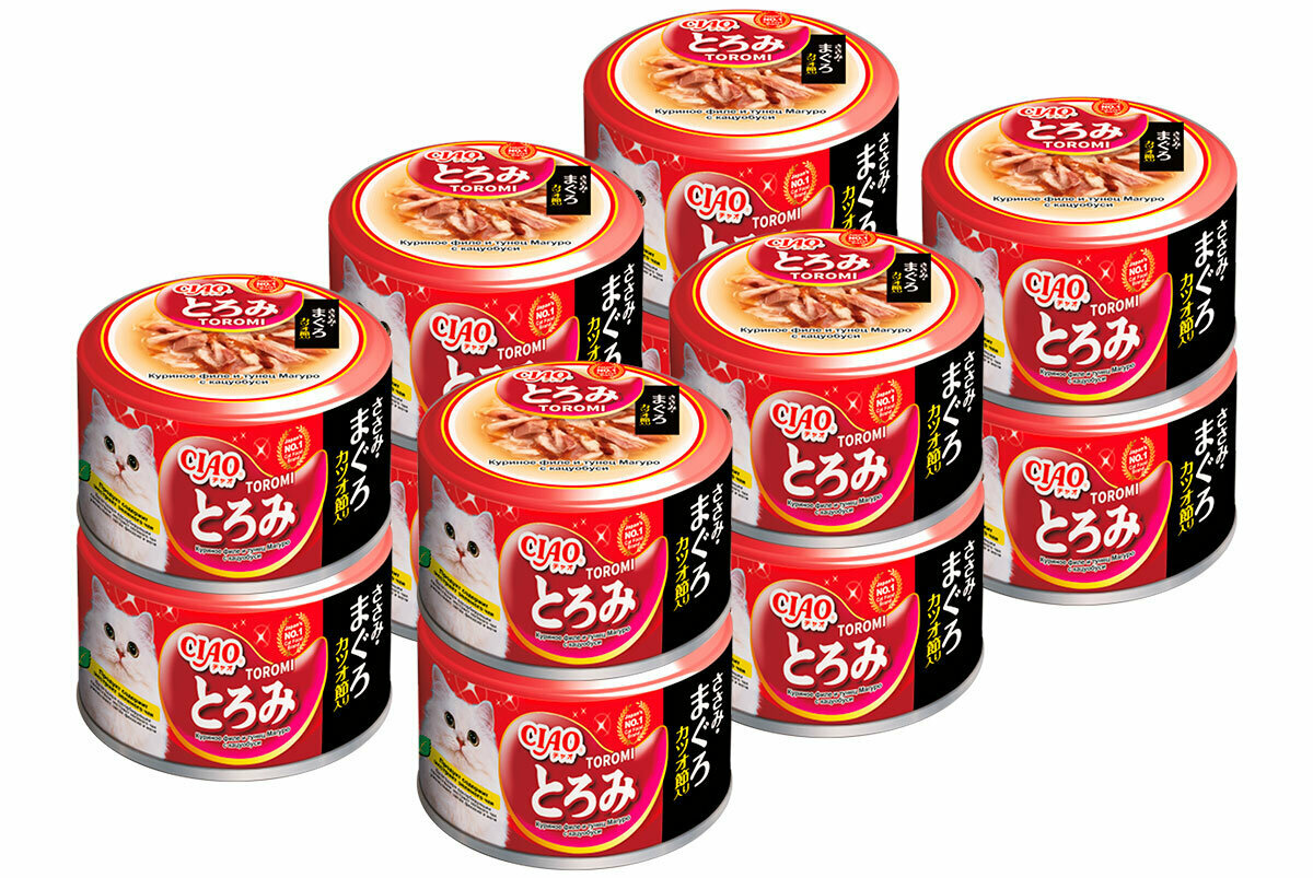 Корм влажный Корм влажный Inaba Ciao Toromi для взрослых кошек, куриное филе, тунец Магуро и кациобуси в бульоне, 80 г х 12 шт