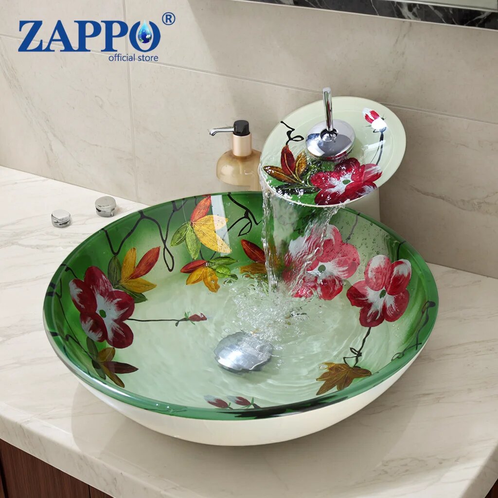 Ванна для ванной комнаты круглой формы ZAPPO из toughened glass зеленого цвета с набором смесителя для крана, установленная над счетчиком, для ванной комнаты отеля