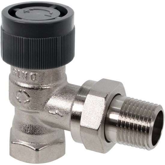 Вентиль Oventrop AR, термостатический, без преднастройки, угловой, DN-15, 1/2", 1/2", ВН, латунь никелированная, НГ со штуцером, черный колпачок