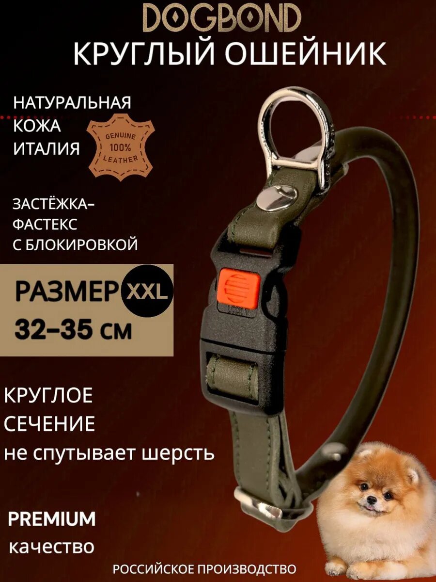 Dogbond Ошейник для шпица круглый кожаный 32-35 см