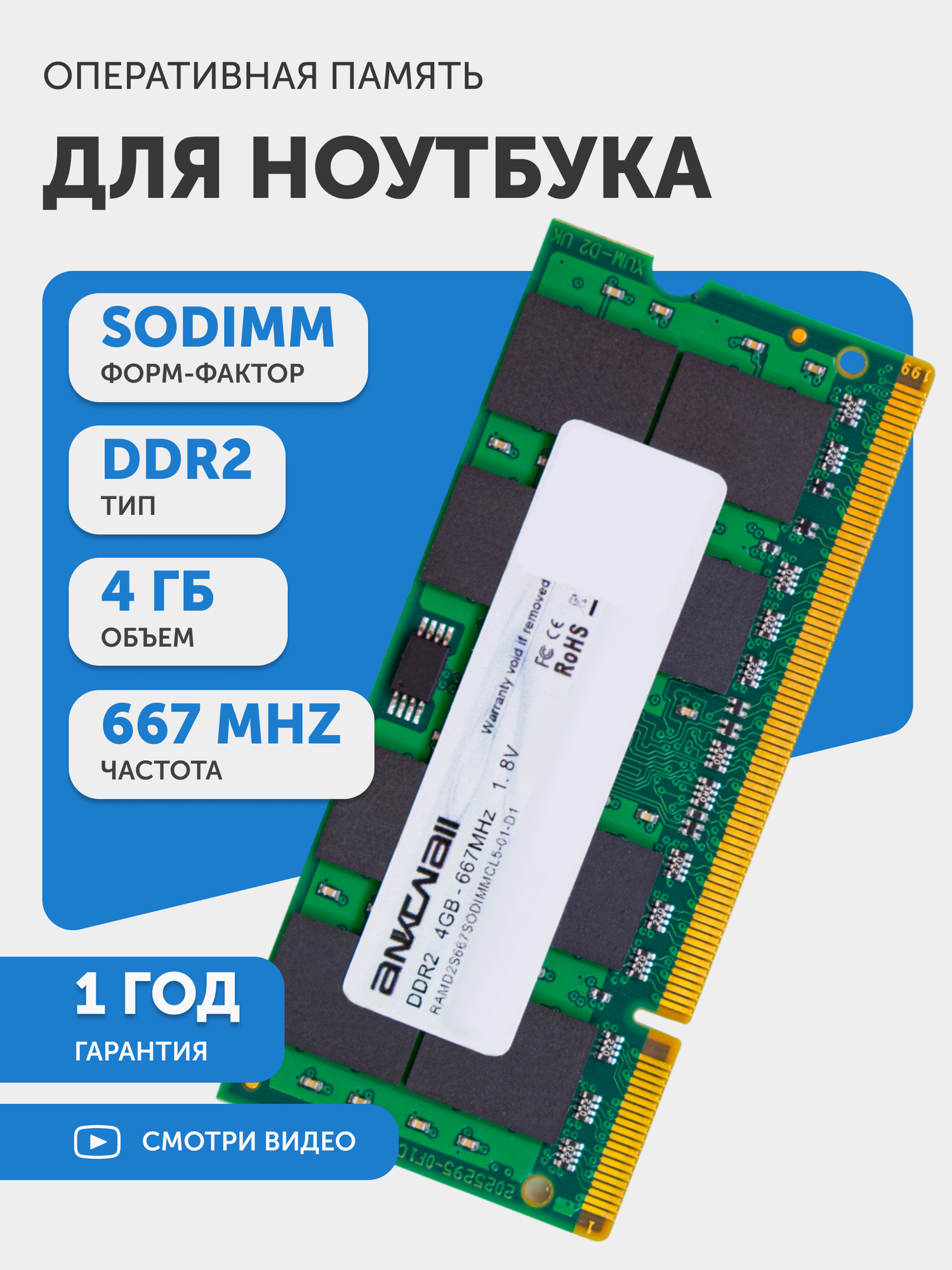 Модуль памяти Ankowall SODIMM DDR2, 4ГБ, 667МГц, PC2-5300, CL5 5-5-5-15