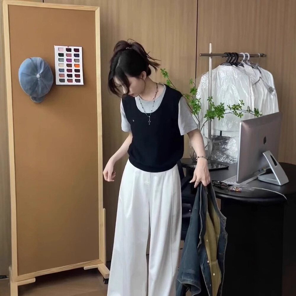 Женский трикотажный топ в корейском стиле, состоящий из двух частей, с короткими рукавами и цветными блоками, летний стиль, сладкий и пикантный, подходит для миниатюрных женщин, изготовлен из ледяного шелка, черный, размер：L