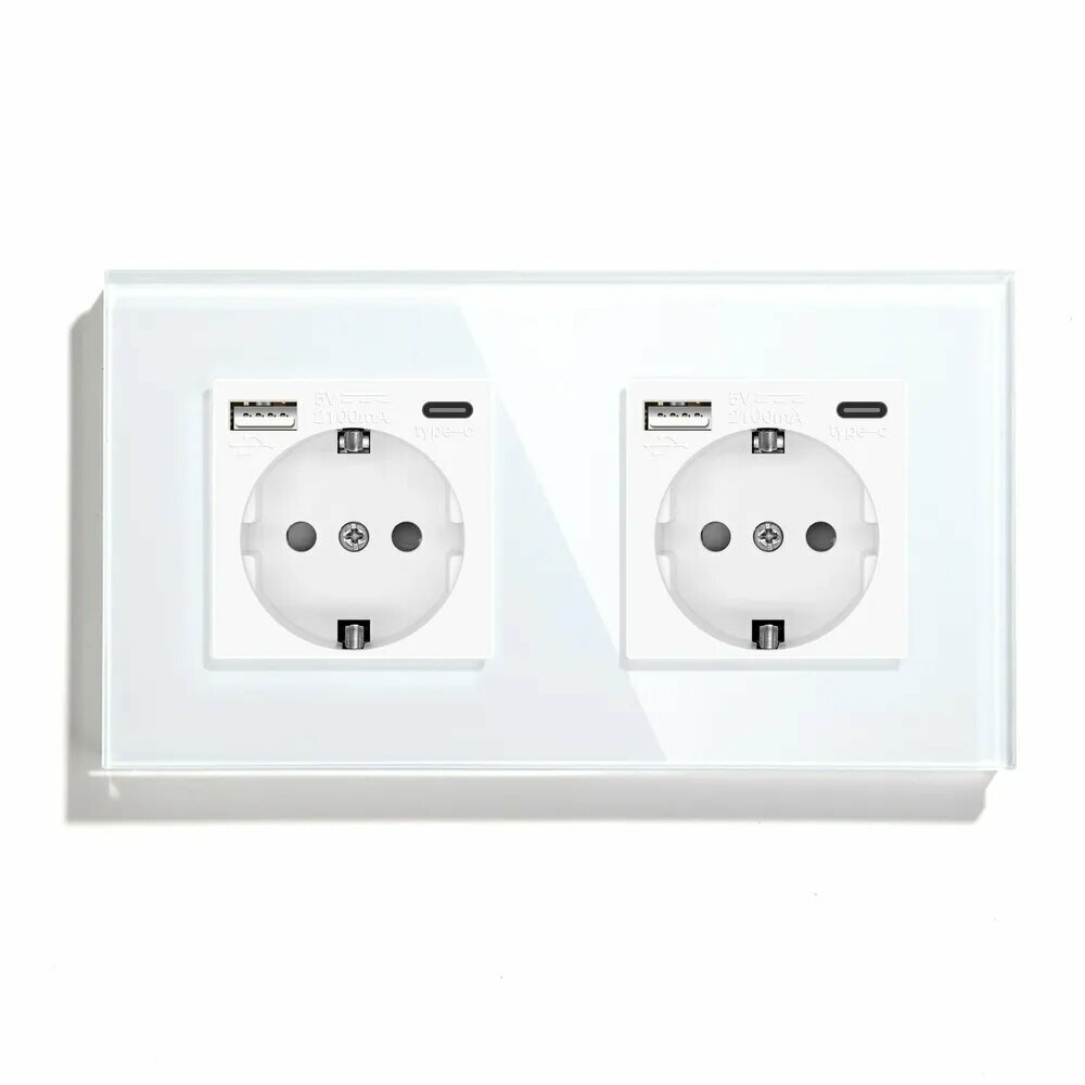 Розетка электрическая двойная с USB и type-C входами, в стандартный подрозетник, рамка закаленное стекло ,2шт