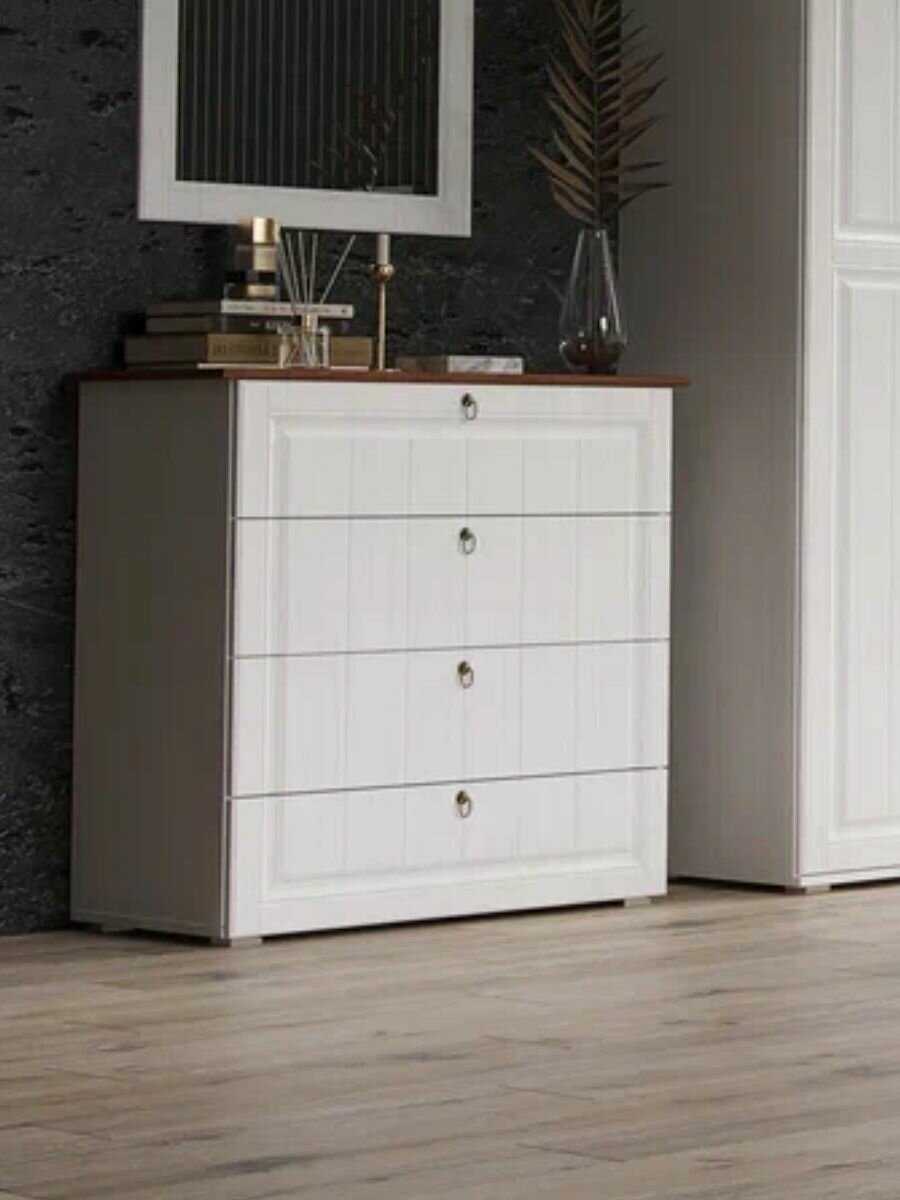 Комод Валенсия МДФ 910х910х470 Белый матовый/Белое дерево/Орех, 4 ящика, МИФ