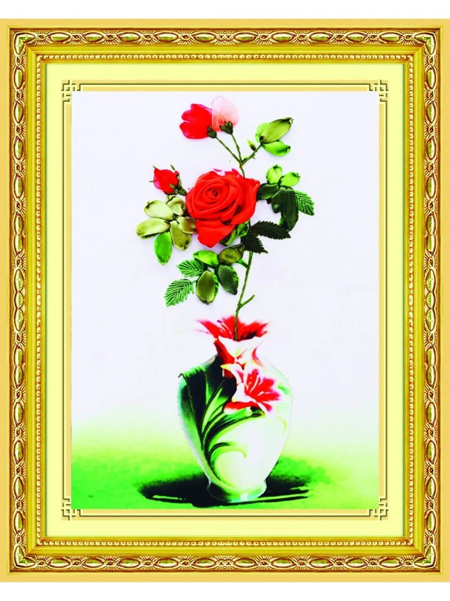 Набор для вышивания лентами 38х48 см. Алая роза в вазе Арт.