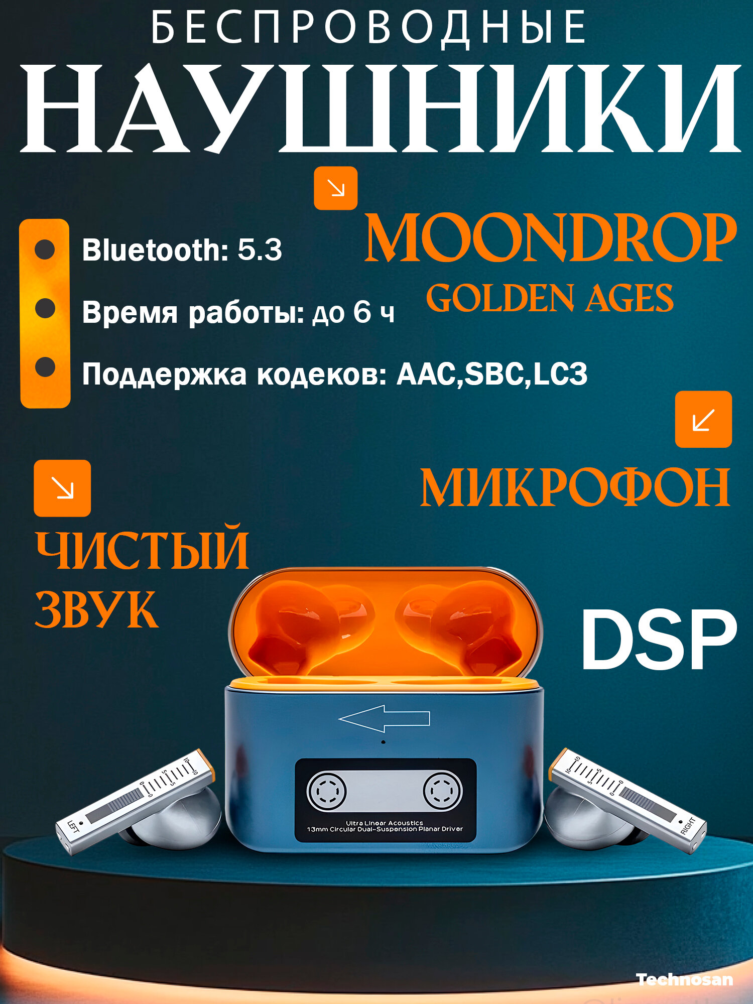 Беспроводные TWS наушники Moondrop Golden Ages, ANC, Bluetooth 5.3, серебро/синий