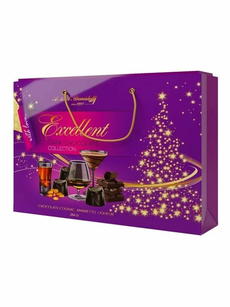 Набор конфет в темном шоколаде: крем с коньяком, со сливочным ликером, с амаретто (сумка) 284гр 1 шт.