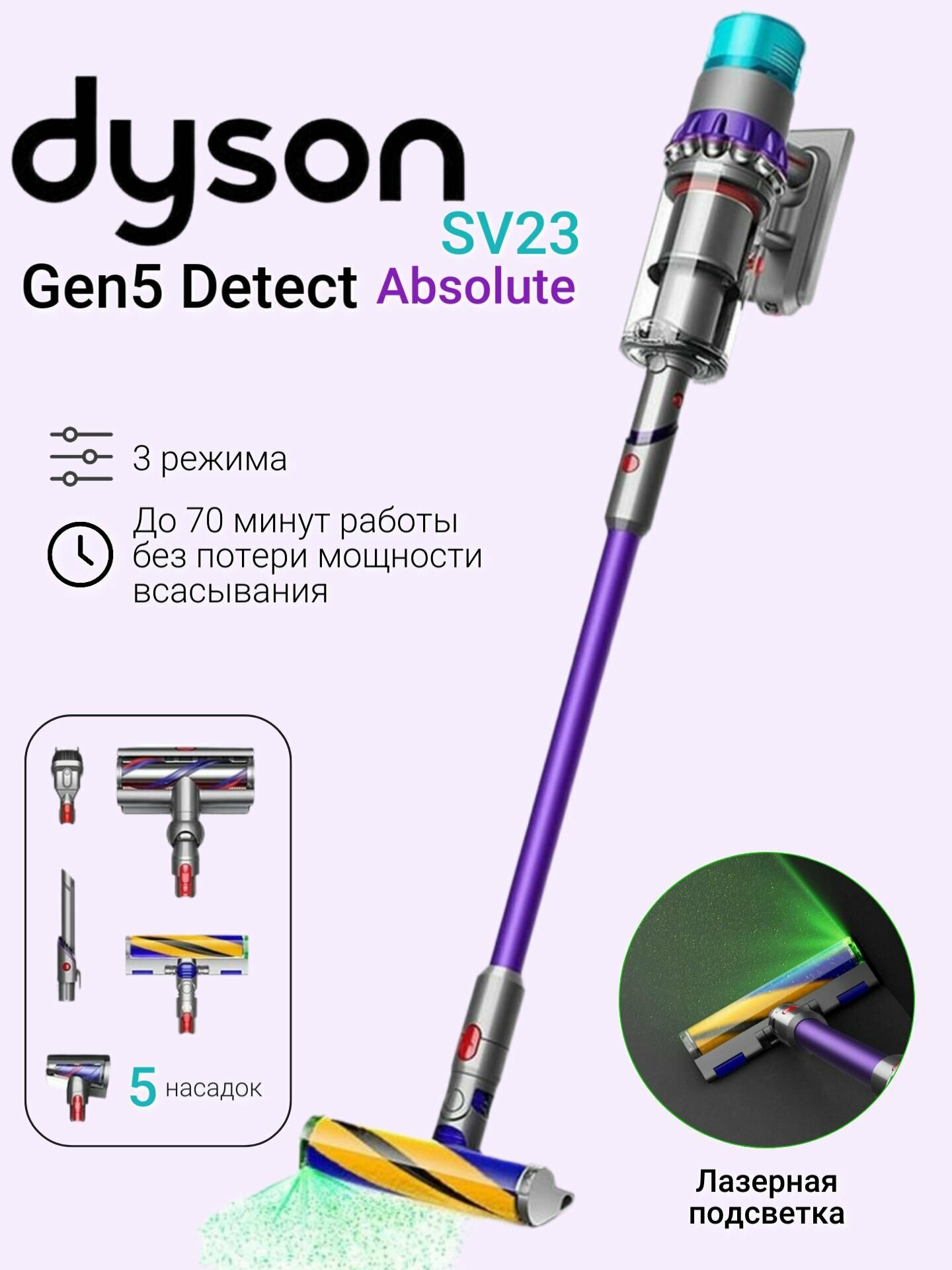 Вертикальный беспроводной пылесос Dyson Gen5 Detect Absolute Purple SV23 + переходник