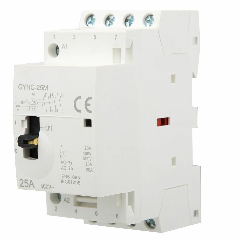 Бытовой контактор переменного тока 4P 25A 220V 50Гц на DIN-рейке, с ручным переключателем