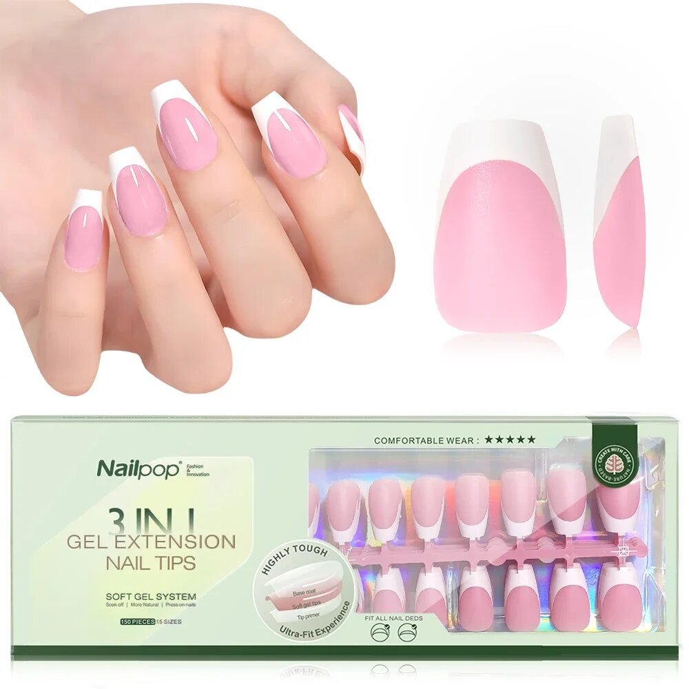 NAILPOP 150 ШТ. Короткий пресс для гроба на ногтях 3 в 1 Пальто Мягкие гелевые типсы Французский наконечник Пресс на ногтях 15 размеров дизайна ногтей DIY