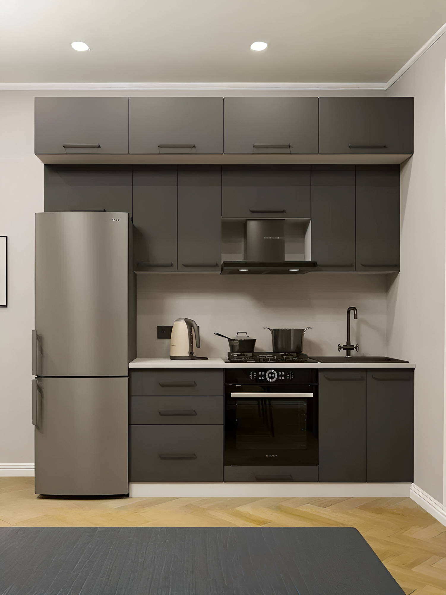 Модульная кухня ЛДСП 1,8 (2,4)м белый глянец/графит со столешницей под встраиваемый духовой шкаф мебельный РАЙ 1.1