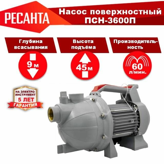 Насос поверхностный Ресанта ПСН-3600П 3600л/ч для чистой воды полива и водоснабжения
