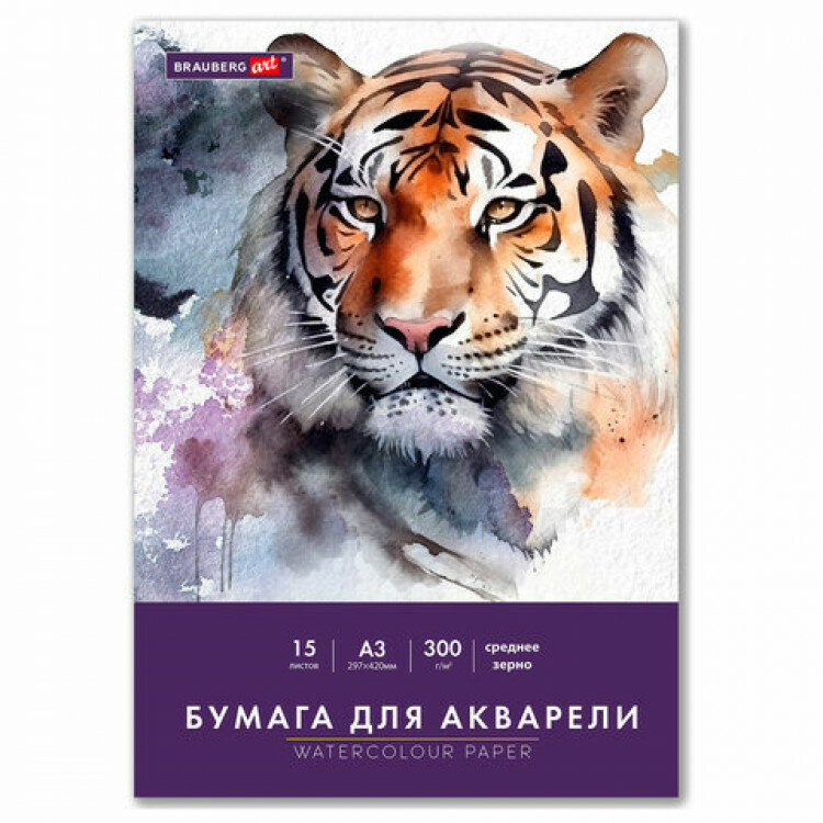 Бумага для акварели большая А3 в папке, 15 листов, 300 г/м2, среднее зерно, BRAUBERG ART CLASSIC, 116354