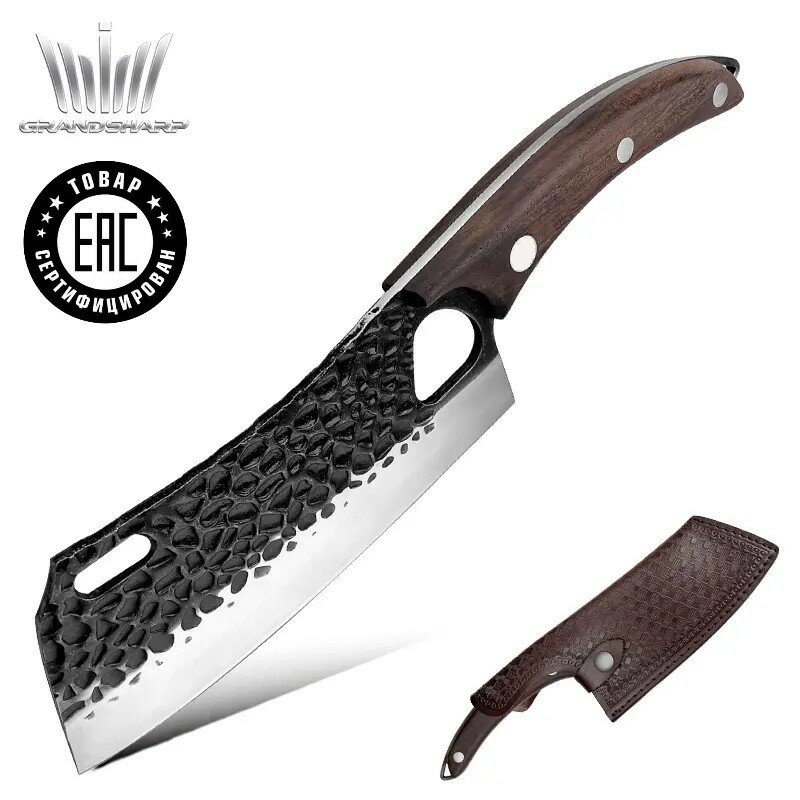 Нож топорик кухонный GRANDSHARP + ножны из натуральной кожи / Нож-шинковка / тесак