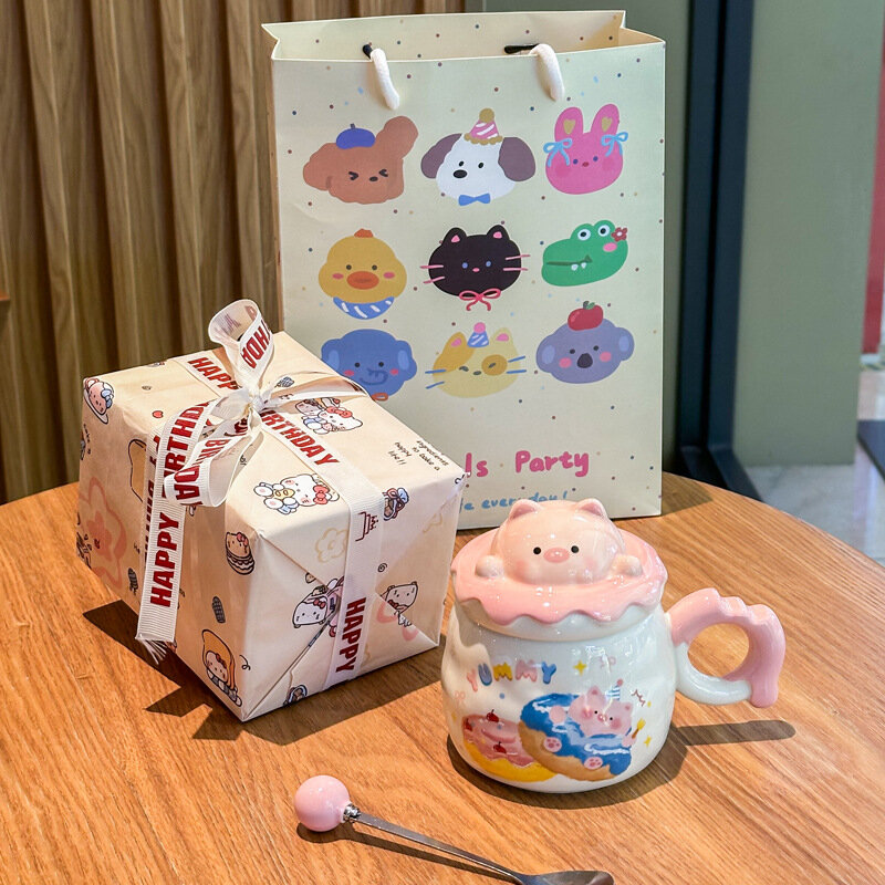 Милая 3D-кружка в виде поросенка для торта в подарочной коробке - высококачественная керамическая кружка с крышкой и ложкой для девочек - идеальный сувенир