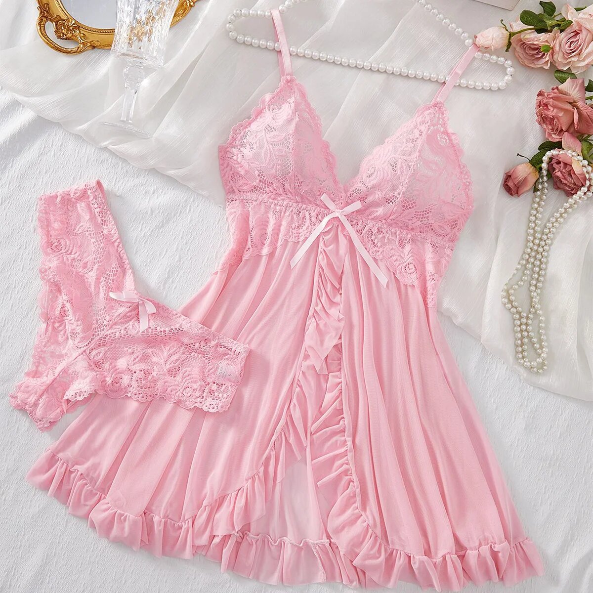 Розовая ночная сорочка с трусиками, Pink