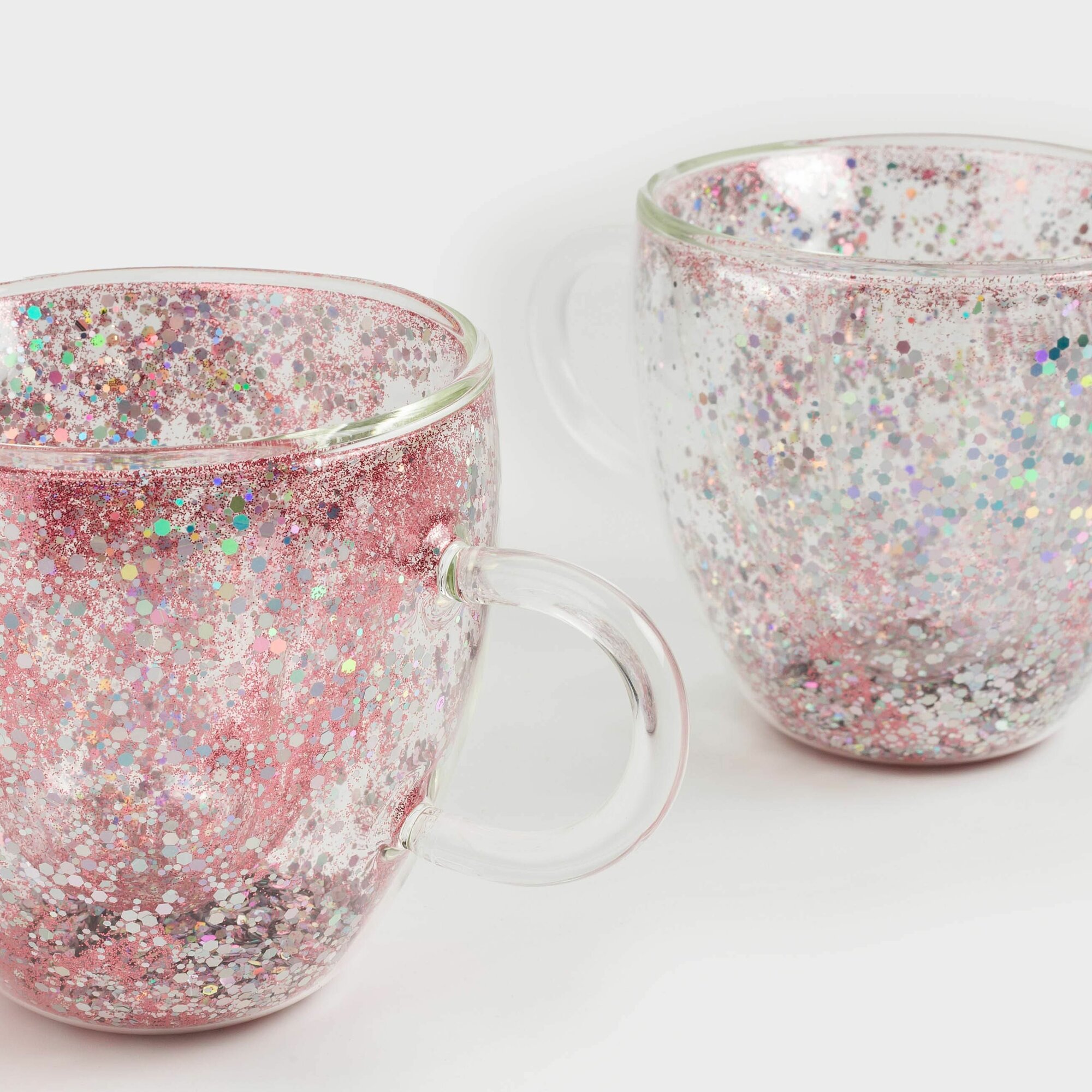 Кружка, 250 мл, 2 шт, стекло Б, с серебристо-розовыми блестками, Сердце