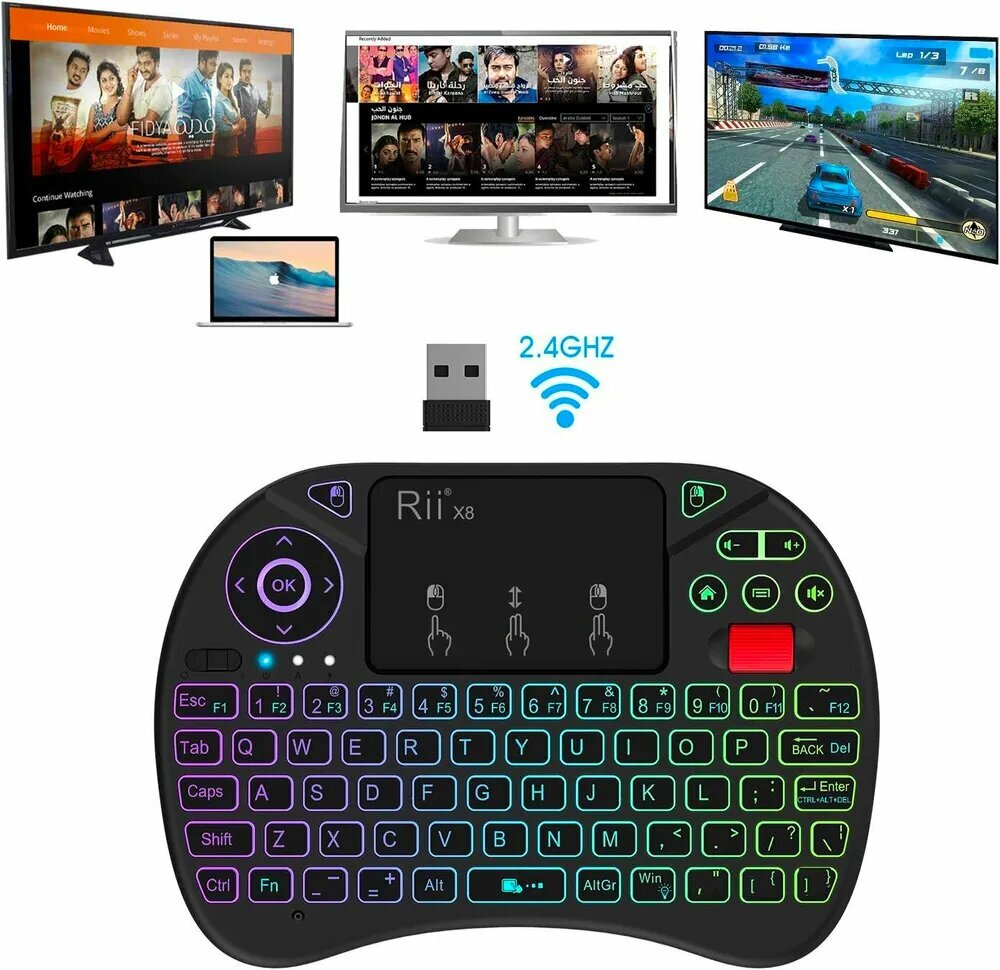 Rii Игровая клавиатура Мини-клавиатура Rii X8, 2,4 ГГц, портативная с тачпадом, мышью, RGB-подсветкой, перезаряжаемой батареей, для Android TV Box/Mac/PC/Nvidia Shield