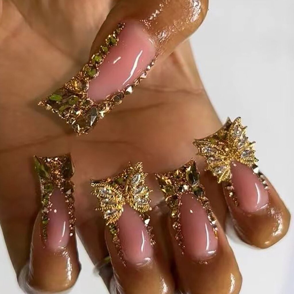 24 Шт Накладной Ноготь В Форме Утки Бабочка Искусственный Ноготь Французский Наконечник Приклеивается К Ногтю Блестящий Пресс На Ногте для Женщины