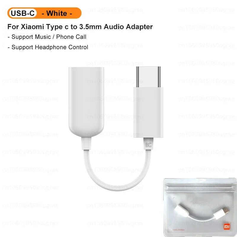 Оригинальный аудиоадаптер для наушников Xiaomi USB Type C на 3,5 мм, Aux Jack, White-1PCS