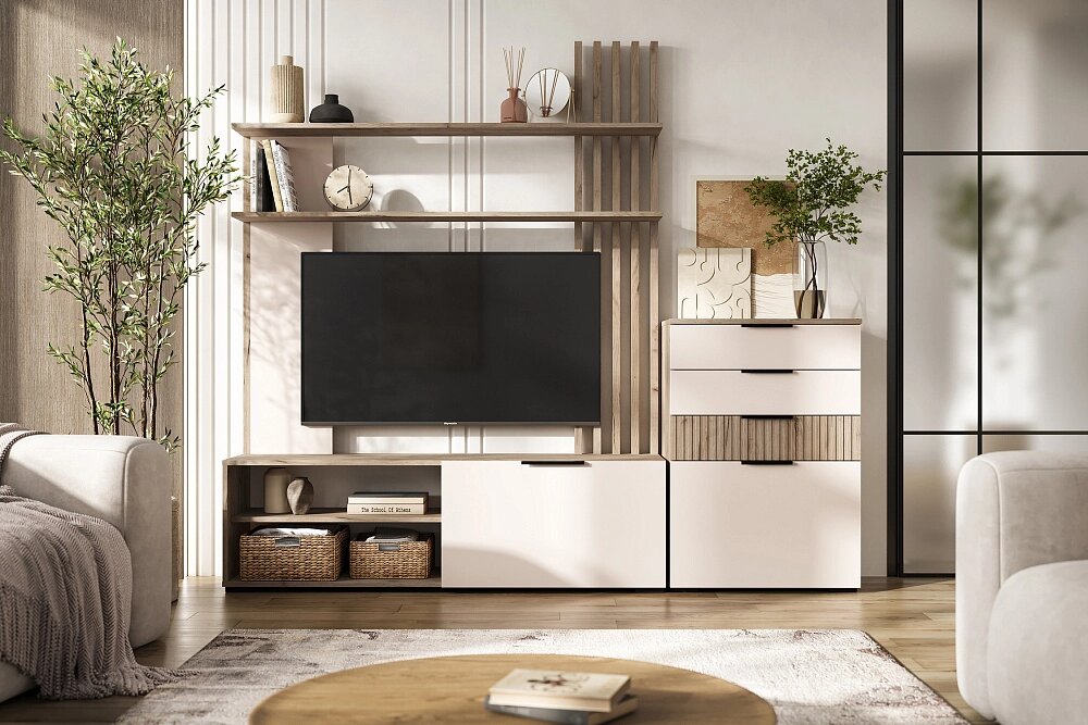 Модульная гостиная стенка центральная секция и комод, Роджина 1, 200.2х181х35 см, Дуб крафт серый / Кашемир