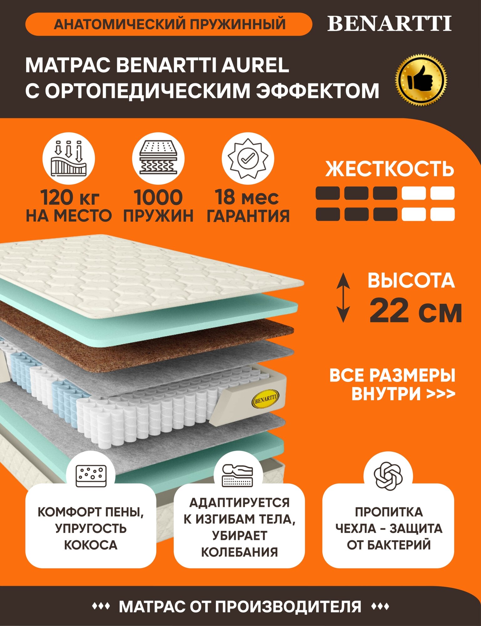 Матрас Benartti Aurel 110х170 серии Lux высота 22 см анатомический средней жесткости кокосовый Независимые пружины