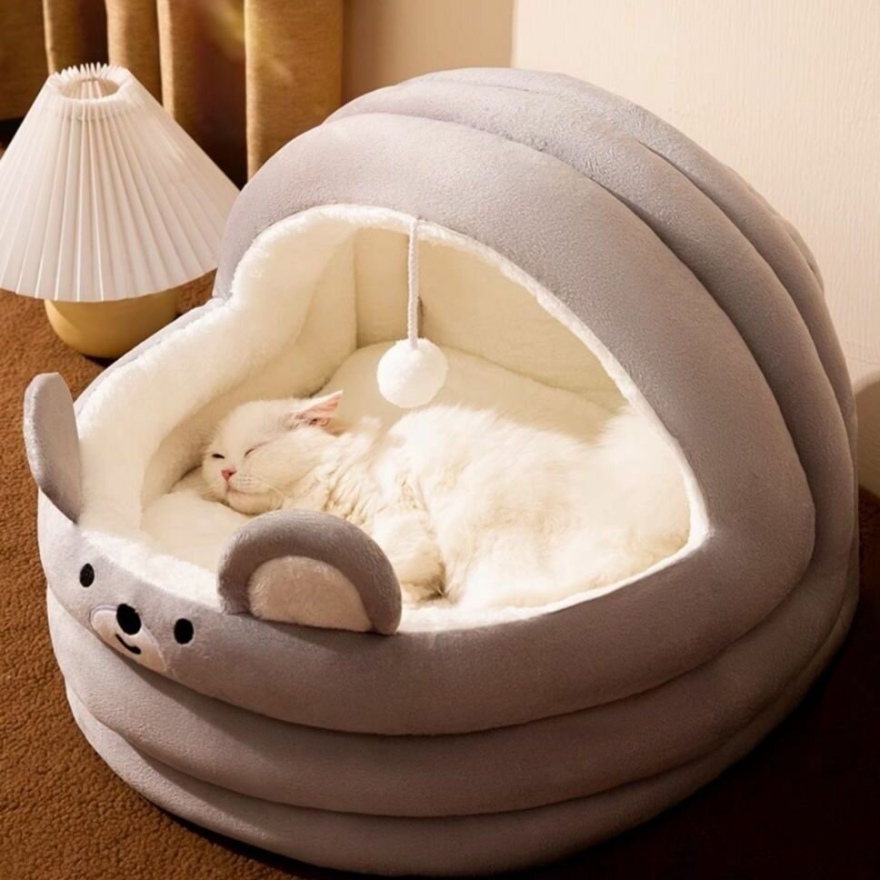 Утепленная кошачья кровать с утолщенным покрытием - Полузакрытый дизайн для кошек малого, среднего и крупного размера