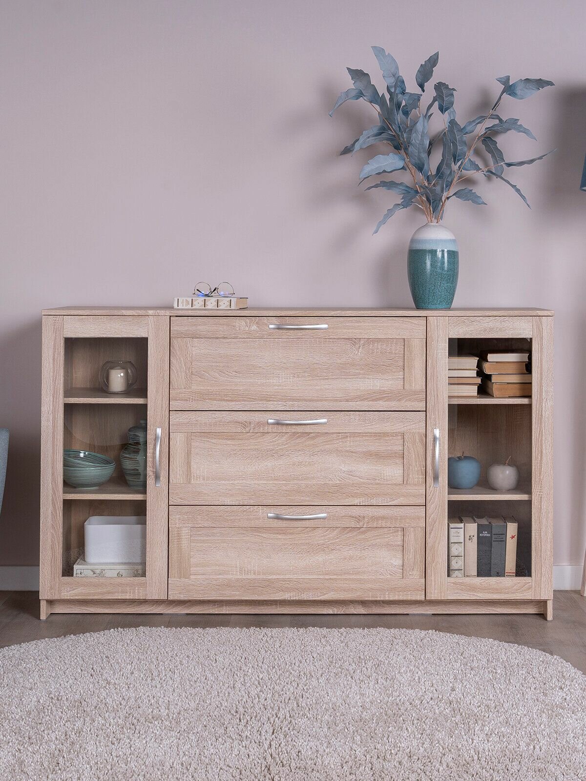 Тумба Сириус, 2 двери со стеклом и 3 ящика, 156х41х95 см, дуб сонома, ГУД лакк