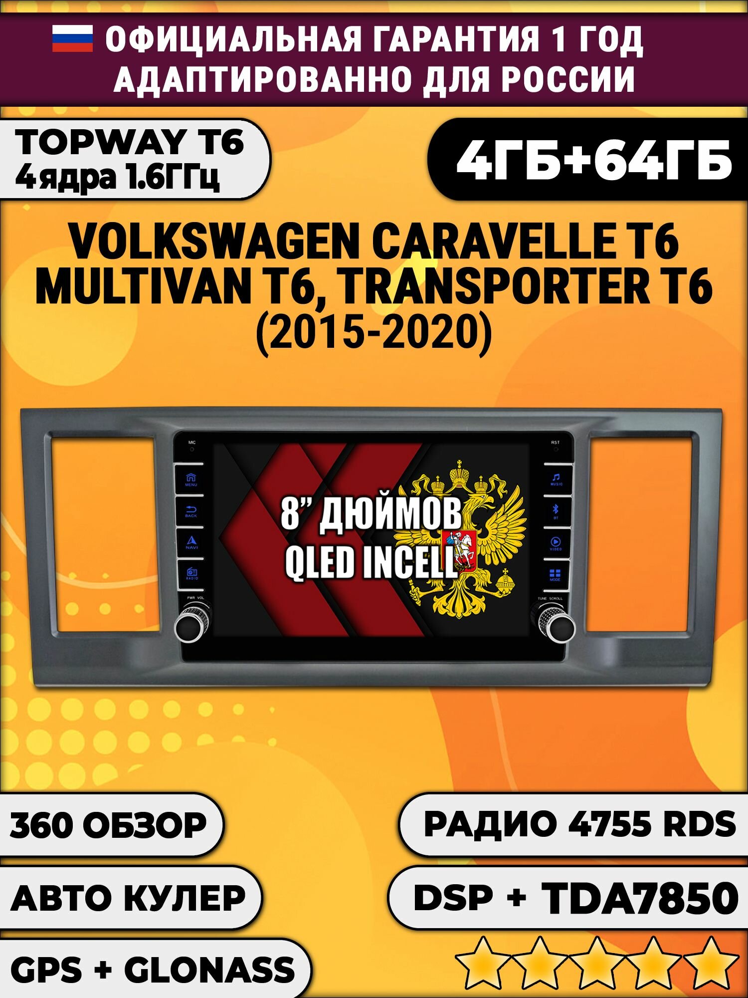 4гб+64гб с DSP и 360 для VOLKSWAGEN TRANSPORTER T6, MULTIVAN T6, CARAVELLE T6 (2015-2020), Android магнитола с DSP и усилителем TDA7850
