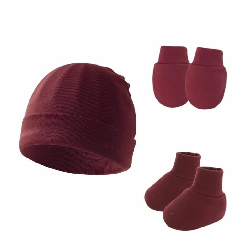 Нежный комплект аксессуаров для новорожденных: дышащие хлопковые шапки, варежки и пинетки, необходимые для ухода за мальчиками и девочками, Бургундский