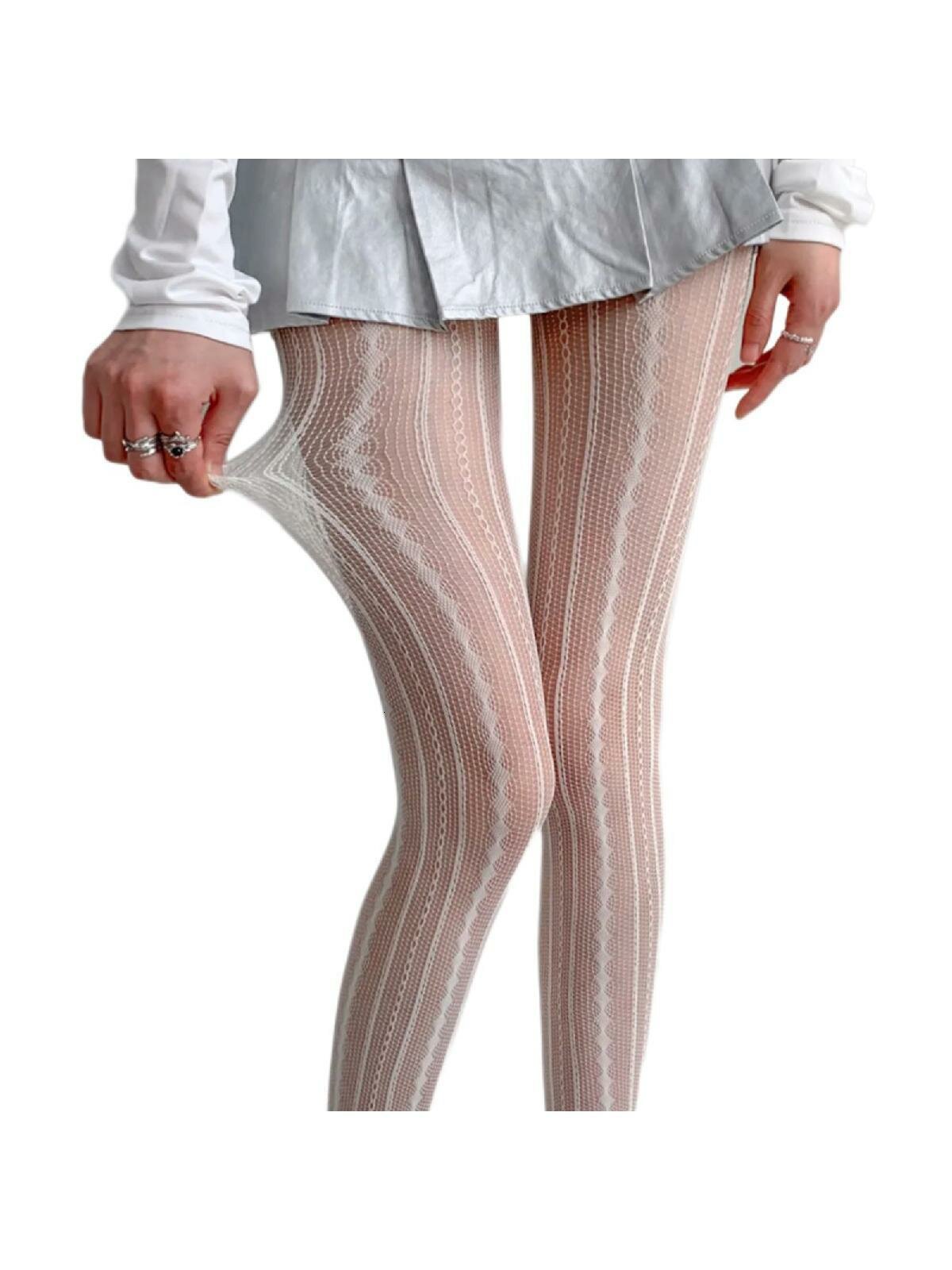 Женские ажурные колготки с геометрическим узором, Молочно - белый