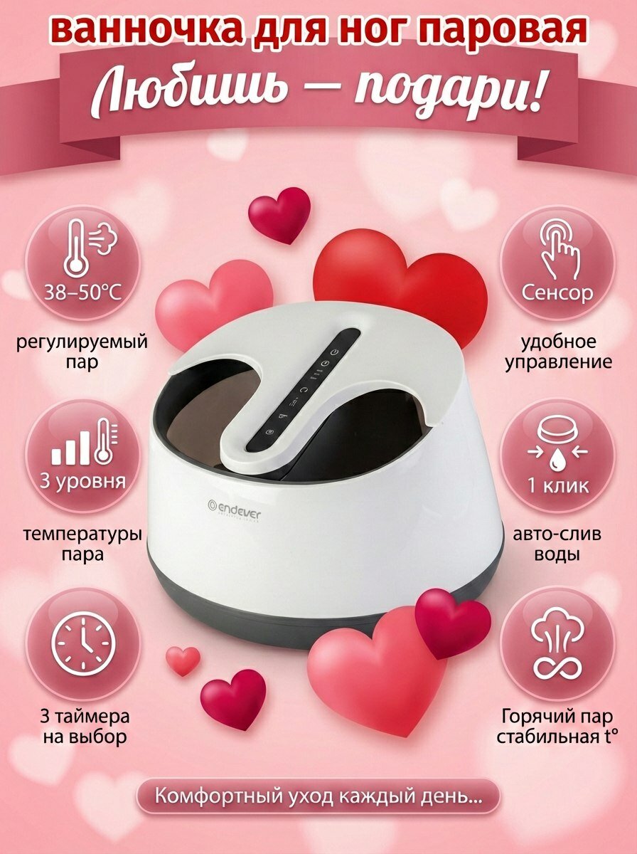 Ванночка для ног паровая Endever Aurora-700 с массажем, сенсорным управлением и ионизацией воды, 600 Вт, 3 режима пара