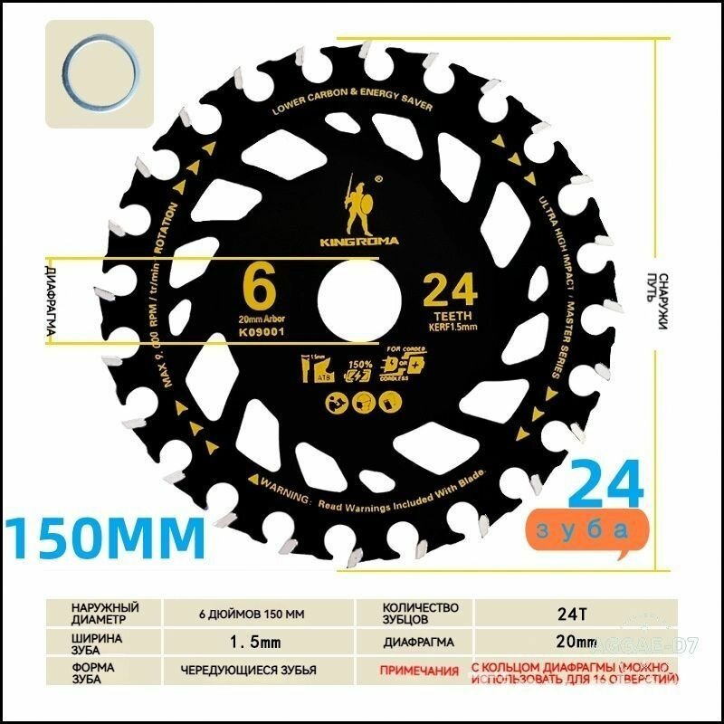Пильный диск GEALFIS 150x1.5x20 мм 24 зуба, твердосплавный диск для дерева, ДСП, фанеры и пластика, для циркулярных пил и торцовочных станков, чистый рез