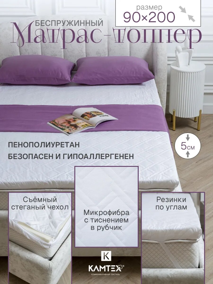 Матрас топпер 90х200 беспружинный гипоалергенный средняя жесткость ткань в рубчик микрофибра