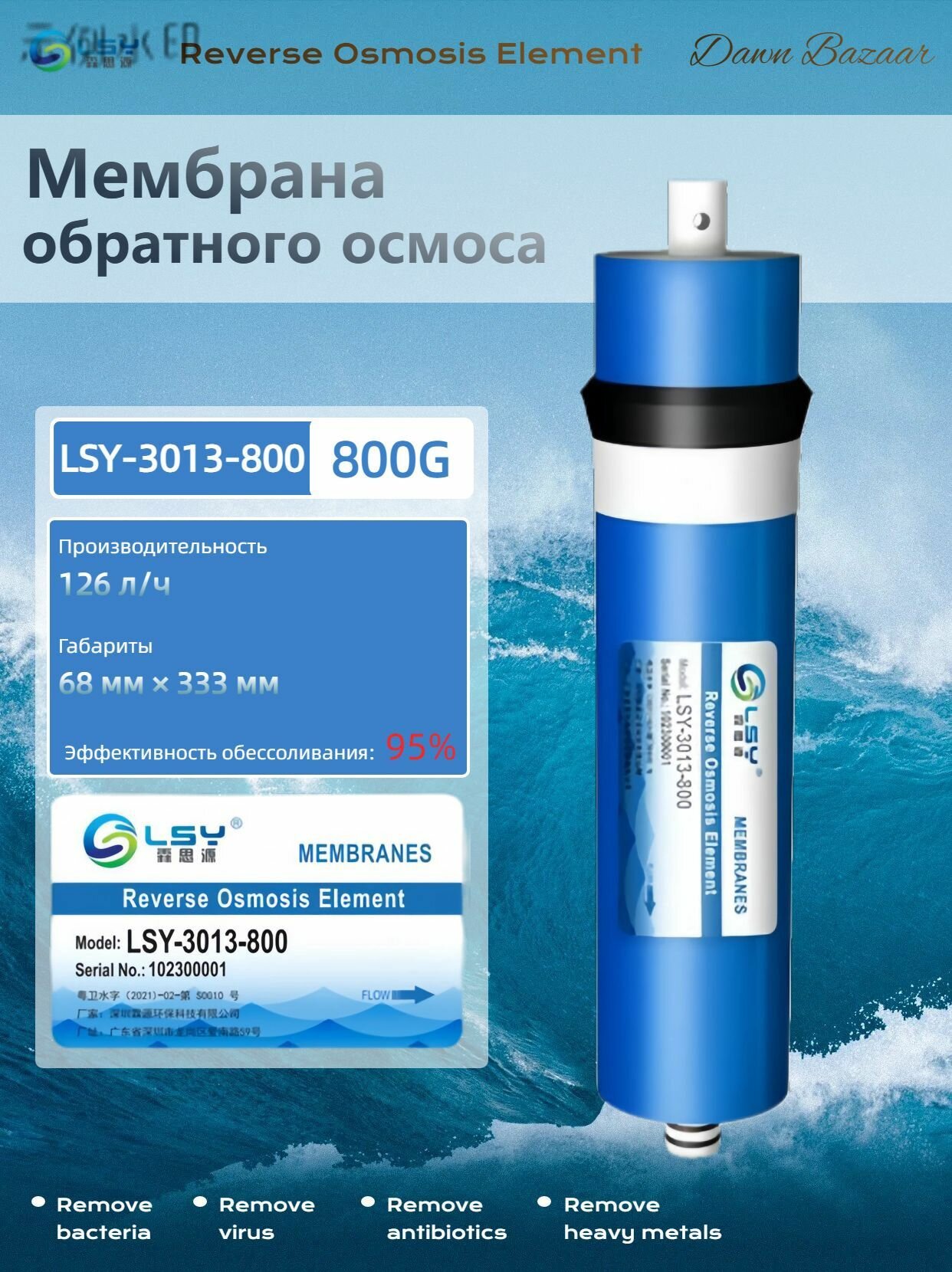 LSY Мембрана обратного осмоса 3013-800 800GPD, Подходит для различных брендов
