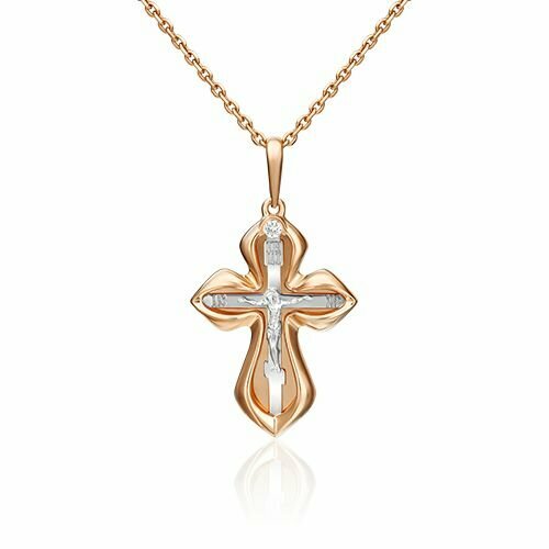 Крестик, комбинированное золото, 585 проба, родирование, фианит